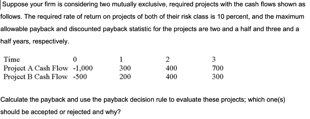 Solved Suppose your firm is considering two mutually | Chegg.com Solved Suppose your firm is considering two mutually | Chegg.com