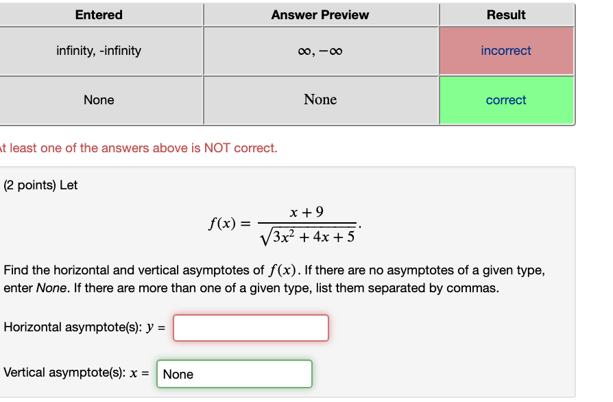 Solved (2 points) Let F (x) = x+9 / sqrt (3x^2+4x+5) Find | Chegg.com