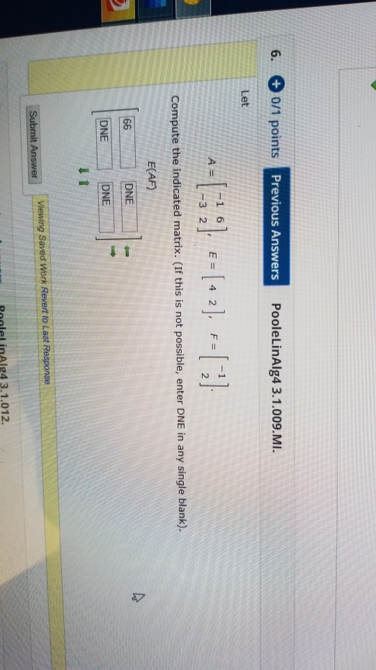 Solved 6. + 0/1 points Previous Answers PooleLinAlg4 | Chegg.com