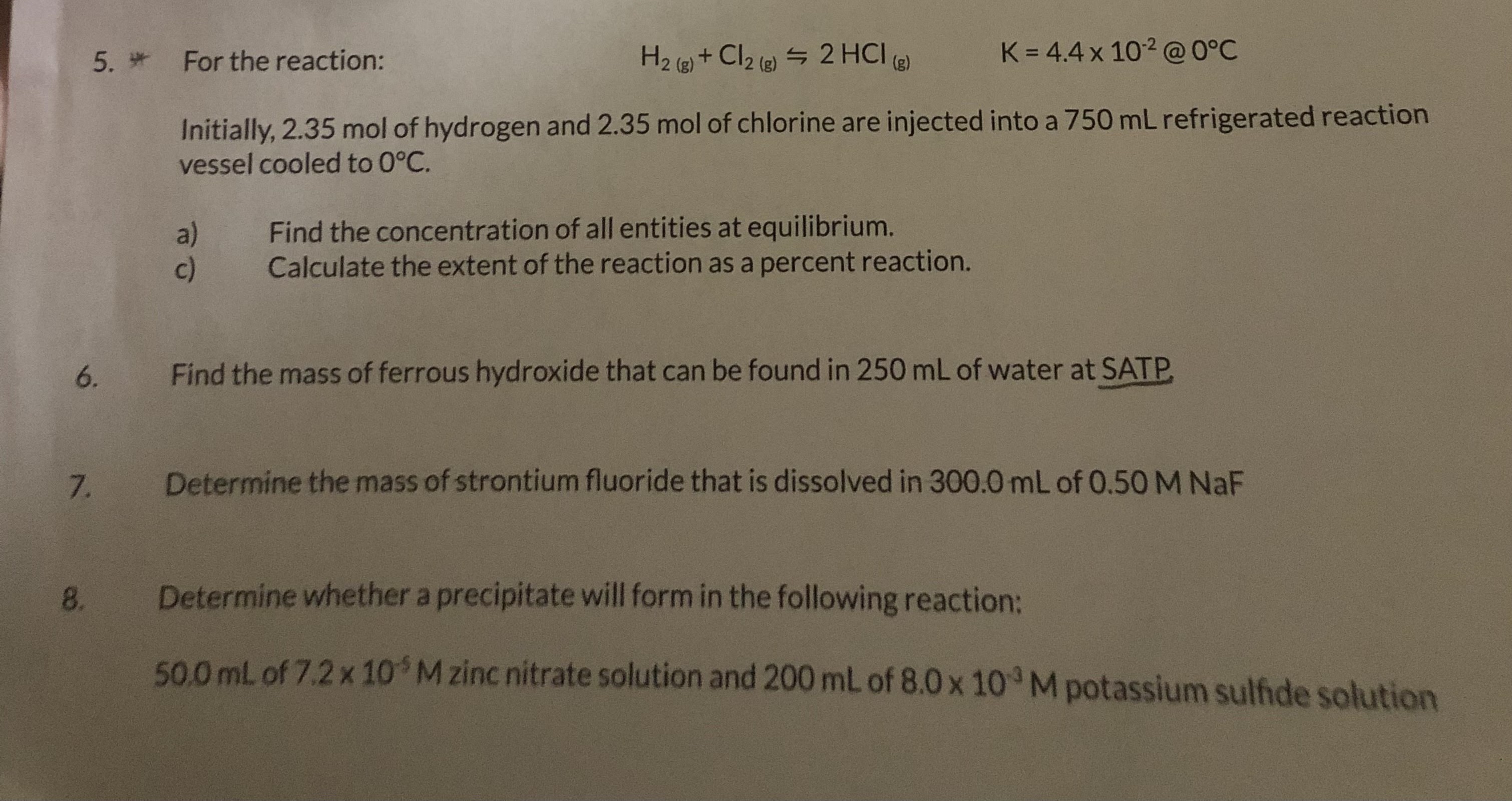 Solved 5. * For the reaction: H2( g)+Cl2( | Chegg.com
