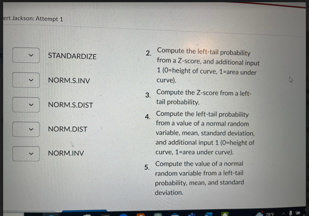 Solved STANDARDIZE NORM.S.INV NORM.S.DIST NORM.DIST NORM.INV | Chegg.com