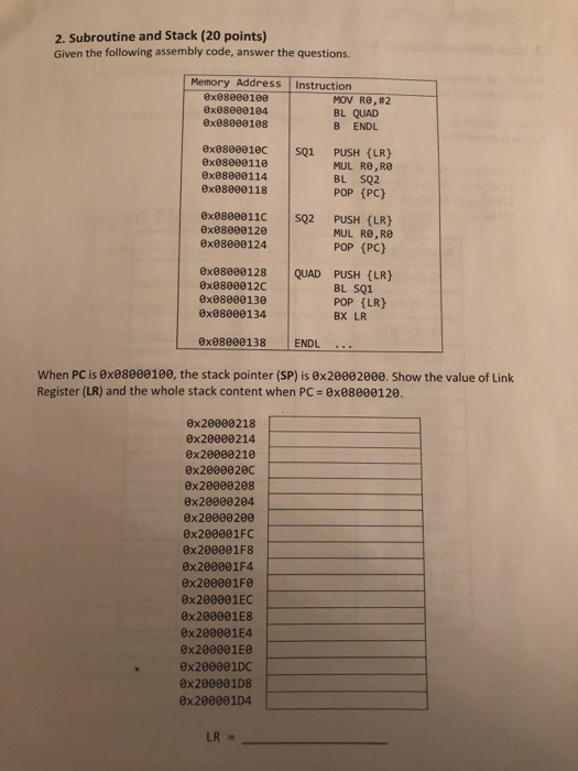 2. Subroutine and Stack (20 points) Given the | Chegg.com
