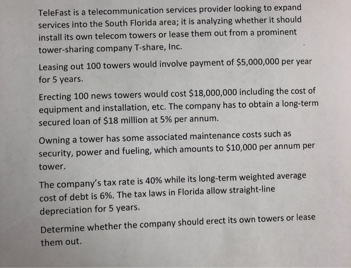 Solved TeleFast is a telecommunication services provider | Chegg.com