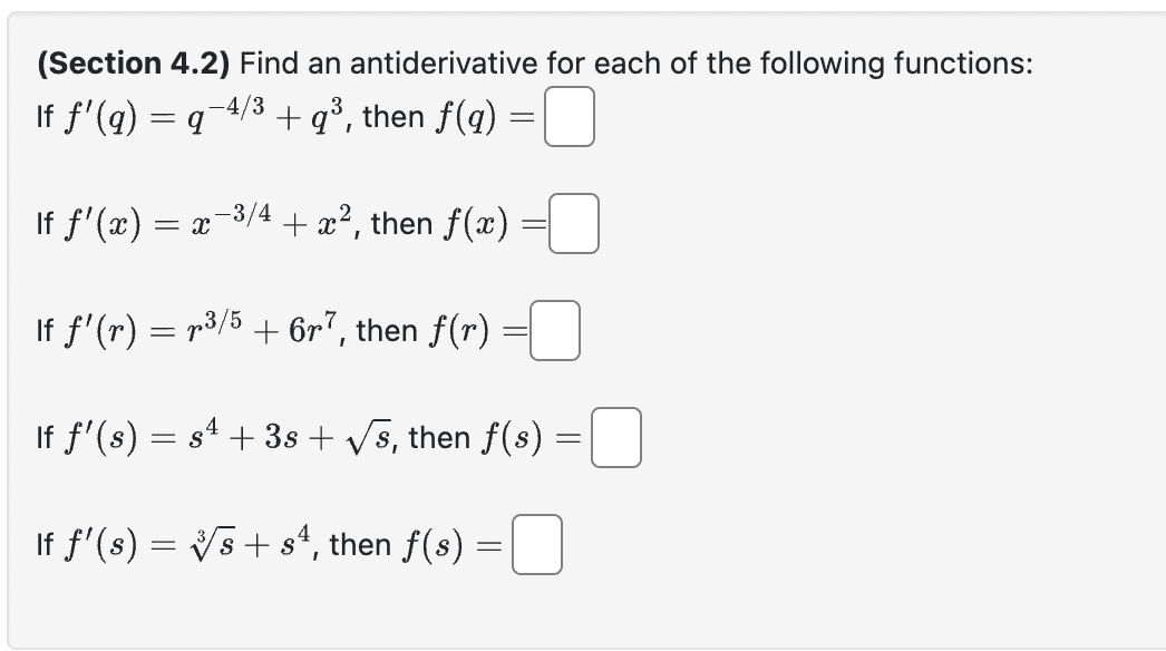 Solved (Section 4.2) Find an antiderivative for each of the | Chegg.com