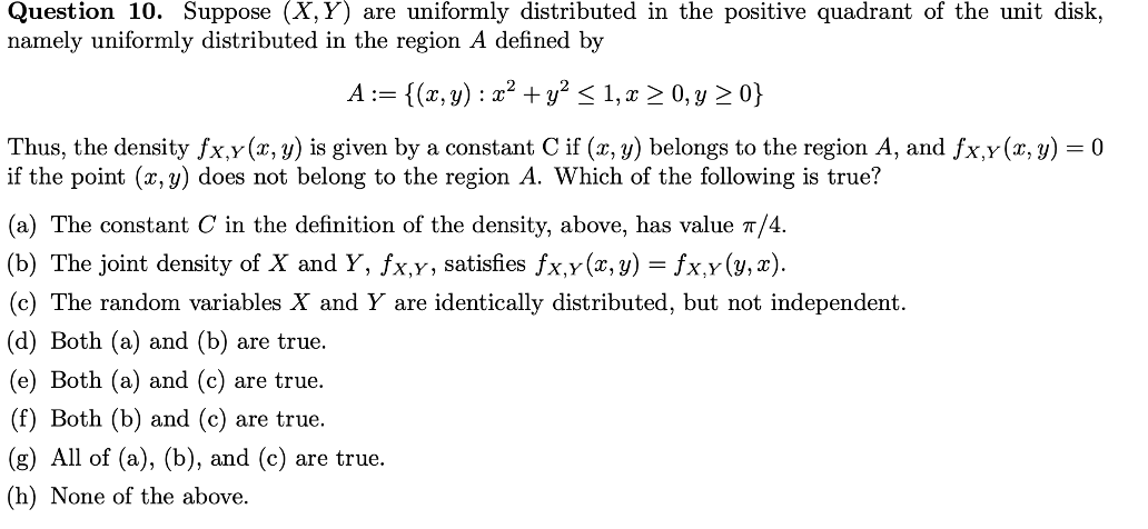Solved Question 10. Suppose (X,Y) are uniformly distributed | Chegg.com