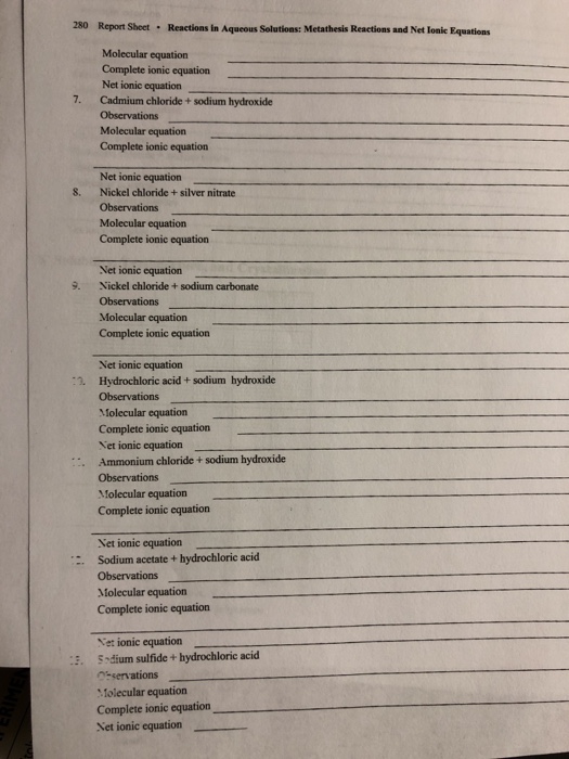 Solved 280 Report Sheet Reactions In Aqueous Solutions: | Chegg.com