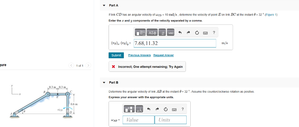 Solved -Part A If link CD has an angular velocity of wcD 10 | Chegg.com