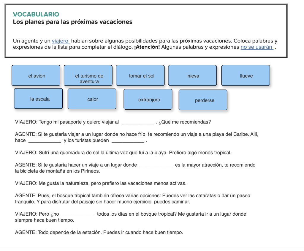 VOCABULARIO Los planes para las próximas vacaciones | Chegg.com