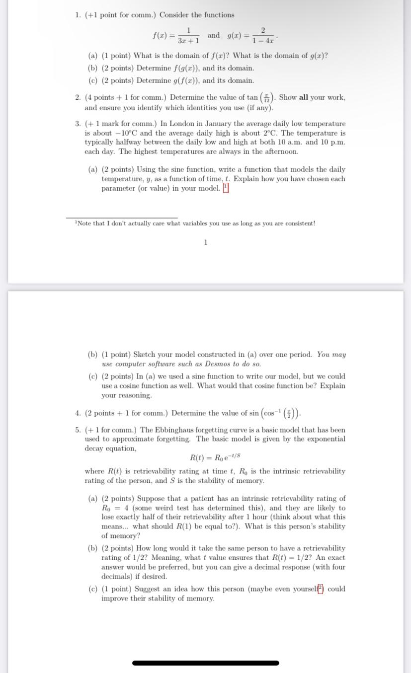 Solved 1. (+1 point for comm.) Consider the functions 1 f(x) | Chegg.com