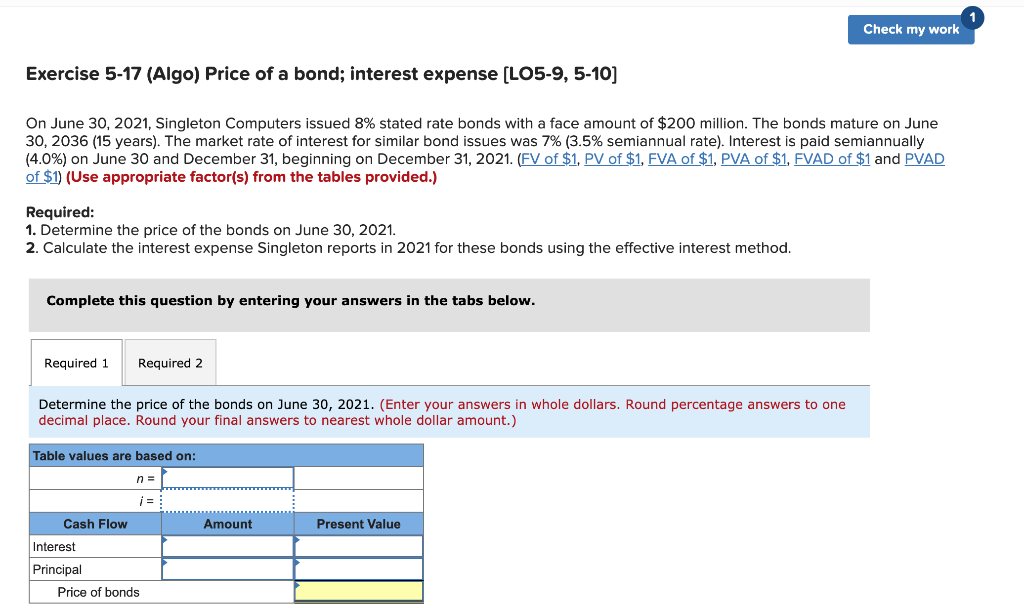 Solved Check my work Exercise 5-17 (Algo) Price of a bond; | Chegg.com