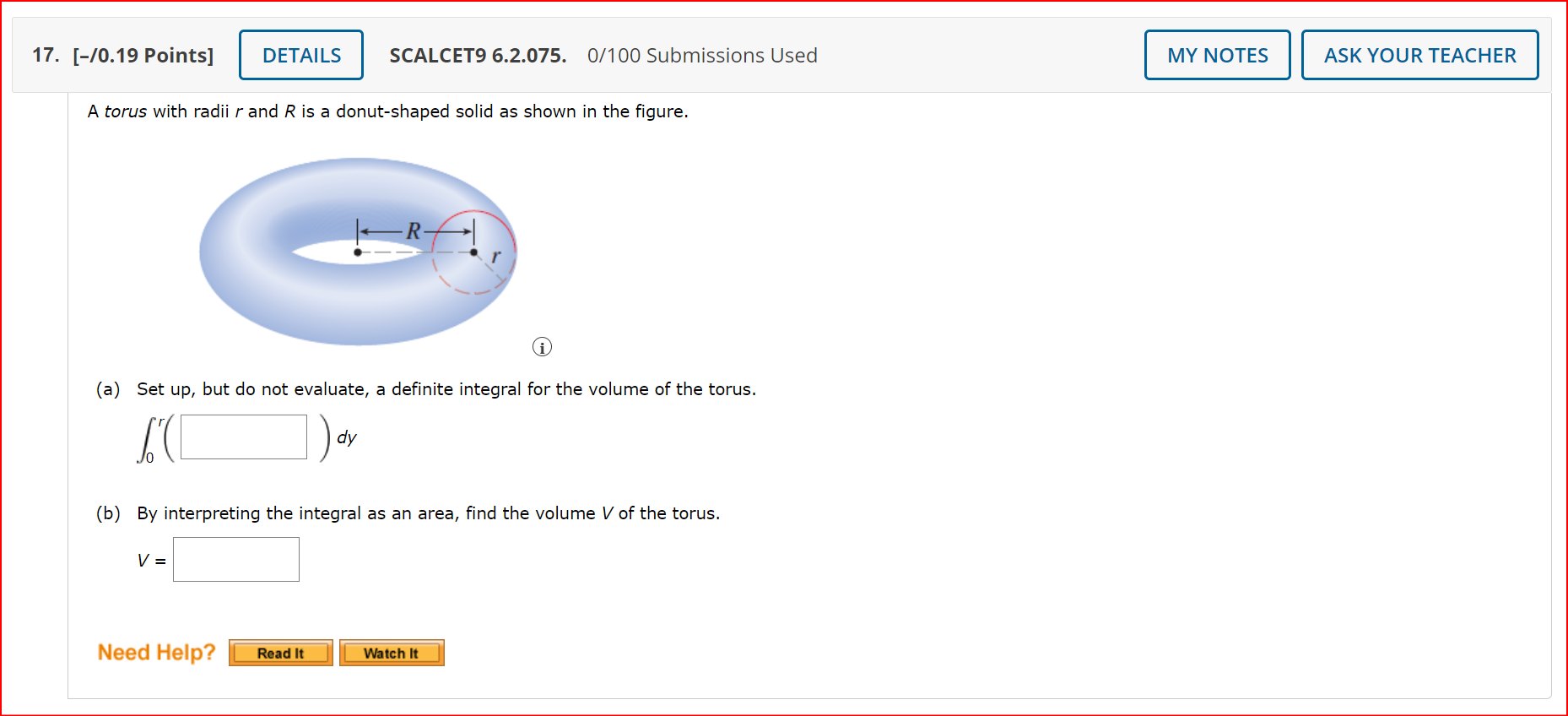 Solved A torus with radii r and R is a donut-shaped solid as | Chegg.com
