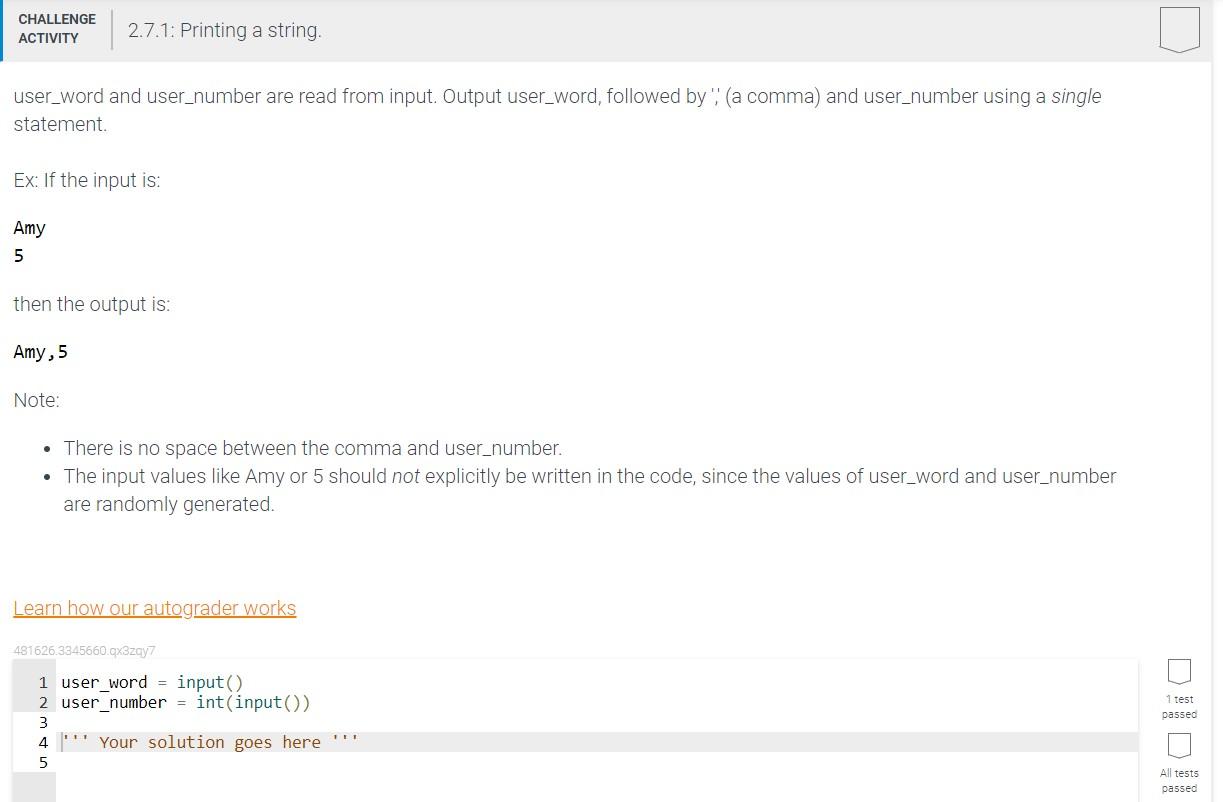Solved 2.7.1: Printing a string. user_word and user_number | Chegg.com