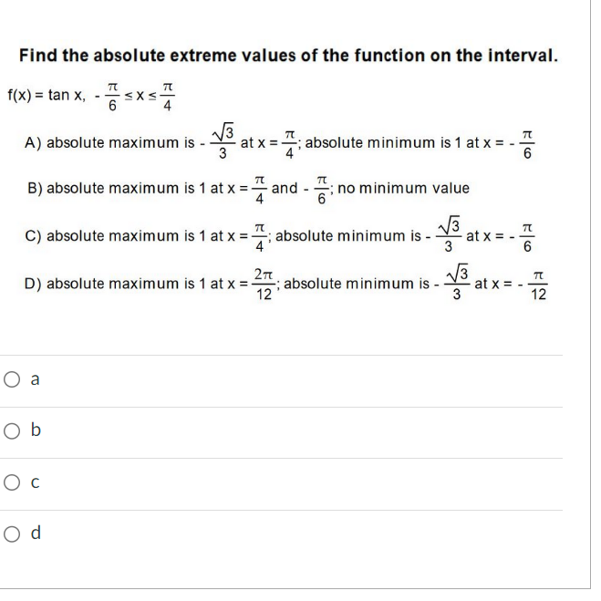Solved Find the absolute extreme values of the function on | Chegg.com