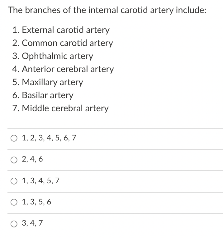 Solved The branches of the internal carotid artery include: | Chegg.com
