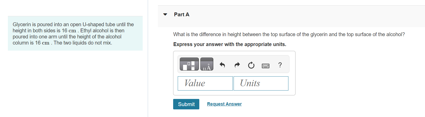 Solved Glycerin is poured into an open U-shaped tube until | Chegg.com