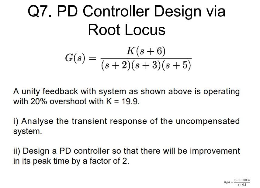 Solved Q7. PD Controller Design via Root Locus G(s) = K(8+6) | Chegg.com