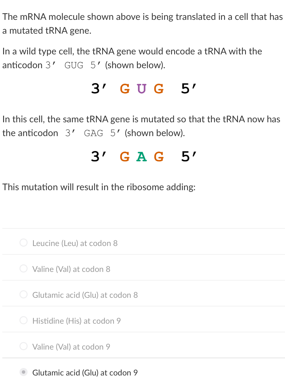 Solved by an EXPERT The mRNA molecule shown above is being translated in | Chegg.com