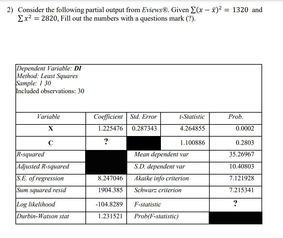 Consider the following partial output from Eviews R . | Chegg.com