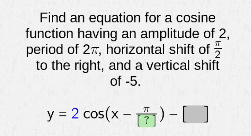 Solved Find an equation for a cosine function having an | Chegg.com