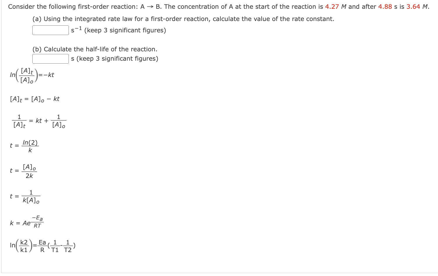 Solved Consider the following first-order reaction: A→B. The | Chegg.com