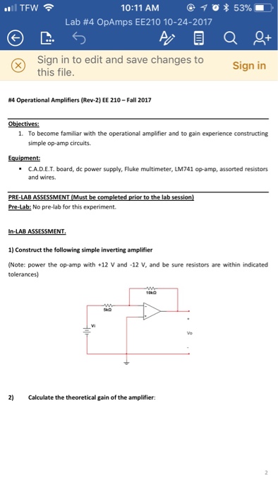 Solved all ITFw令 10:11 AM * 53% Lab #4 OpAmps EE210 | Chegg.com