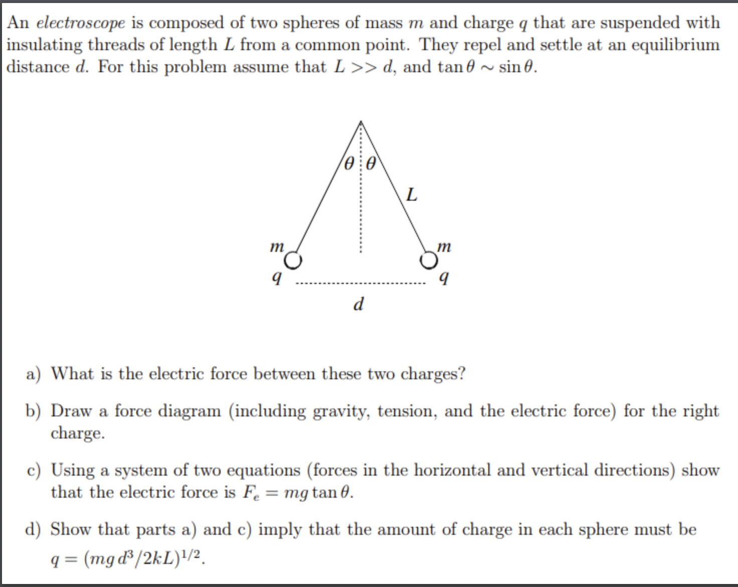 Solved An electroscope is composed of two spheres of mass m | Chegg.com