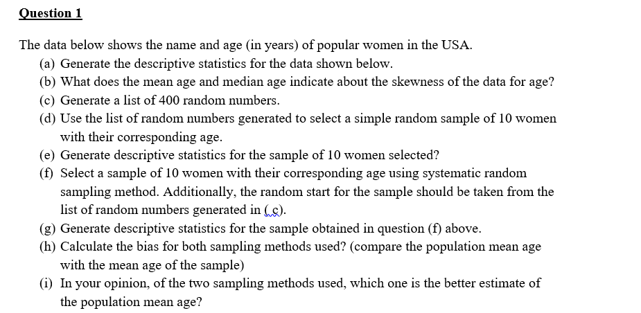 Question 1 The data below shows the name and age (in | Chegg.com