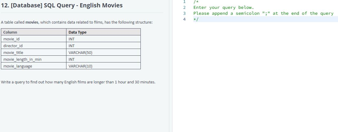 Solved 12. [Database] SQL Query - English Movies 1 2 3 4 /* | Chegg.com