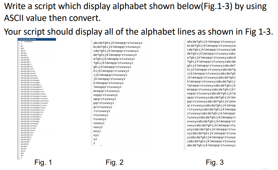 Write a script which display alphabet shown | Chegg.com