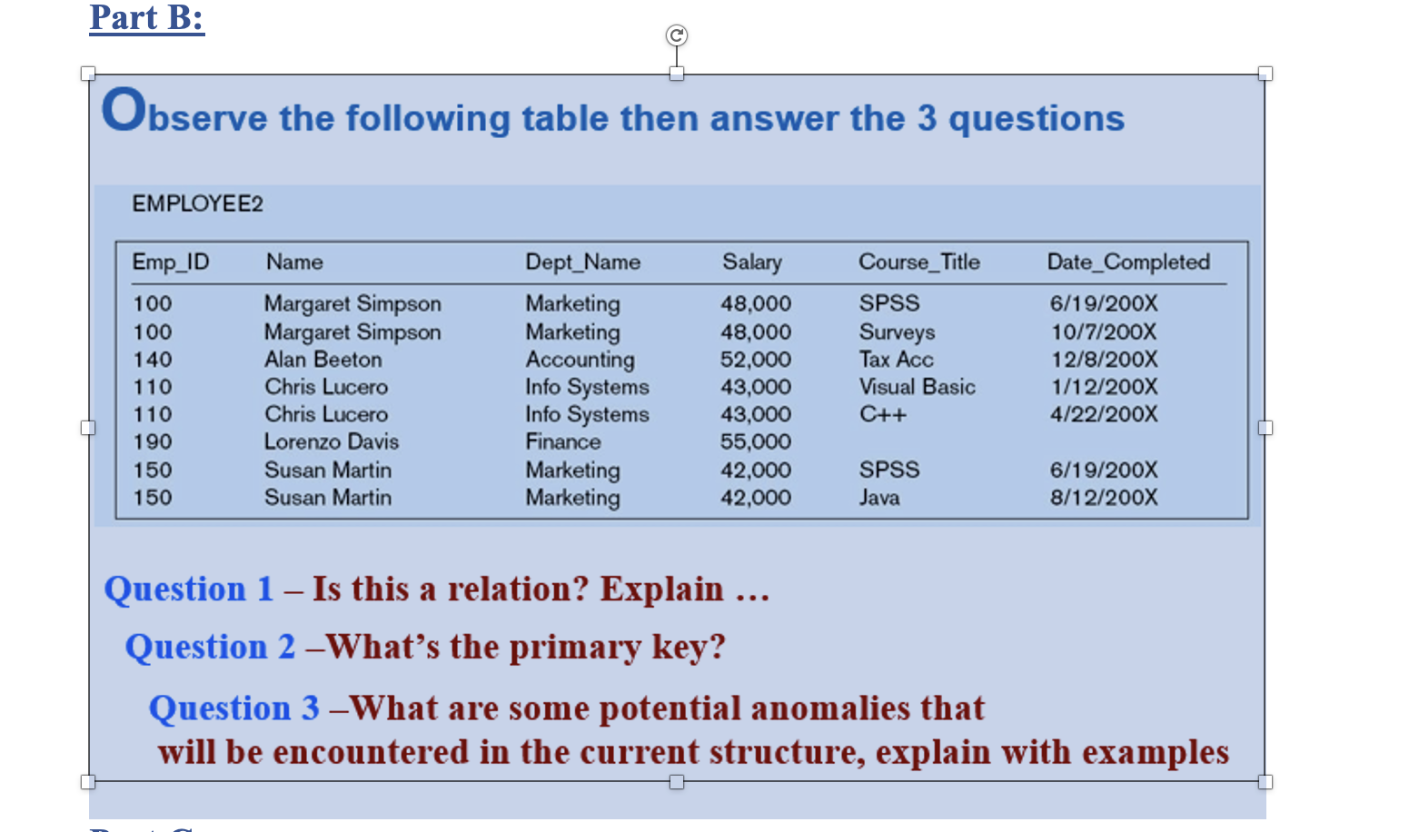 Solved Part B:Observe the following table then answer the 3 | Chegg.com