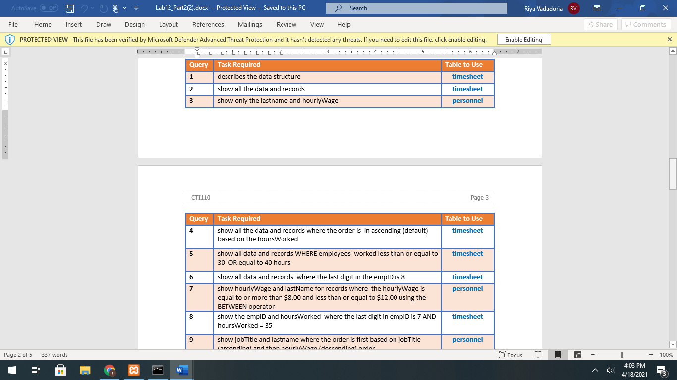 Solved AutoSave H Lab12_Part2(2).docx - Protected View - | Chegg.com