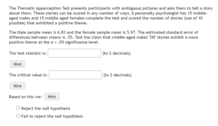 Solved The Thematic Apperception Test presents participants | Chegg.com