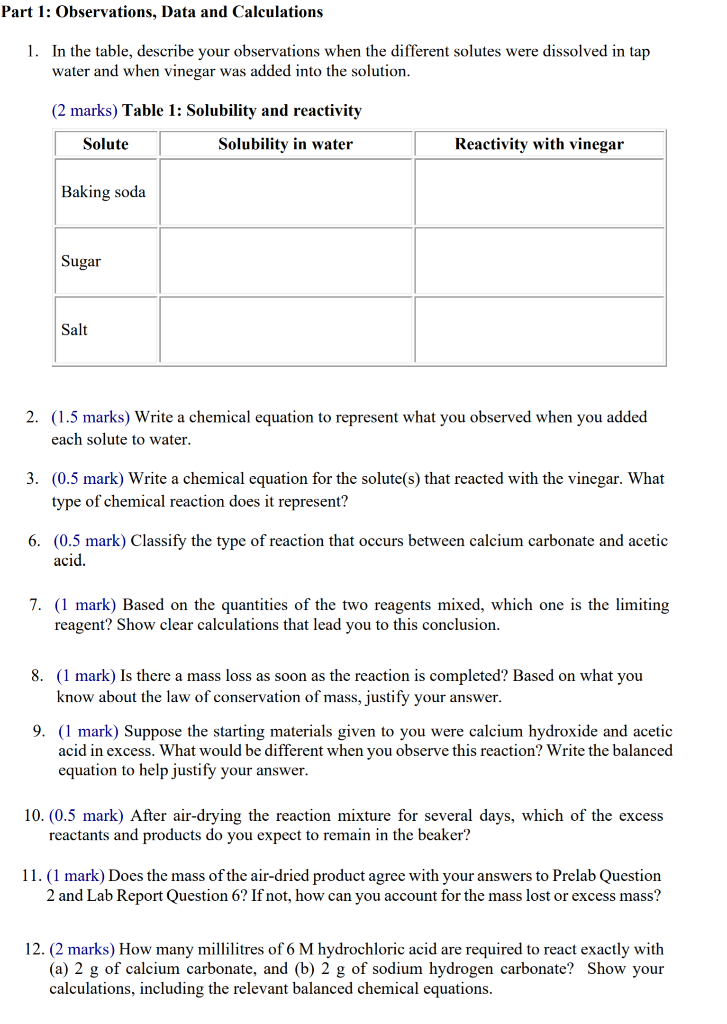 Solved Part 1: Observations, Data and Calculations 1. In the | Chegg.com