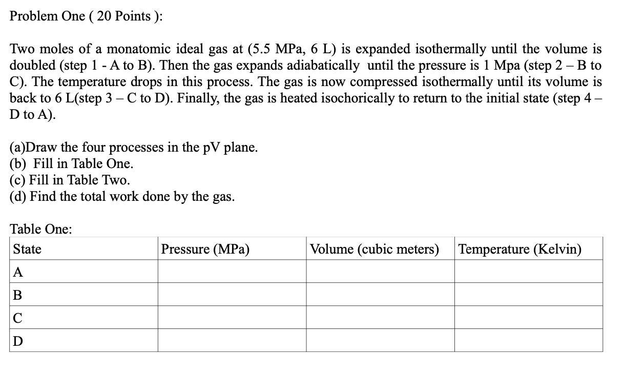 Solved Problem One ( 20 Points ): Two moles of a monatomic | Chegg.com