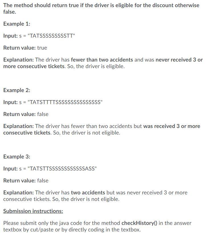 Solved Write a java method named checkHistory() that accepts | Chegg.com