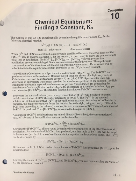 Computer 10 Chemical Equilibrium: Finding a Constant, | Chegg.com