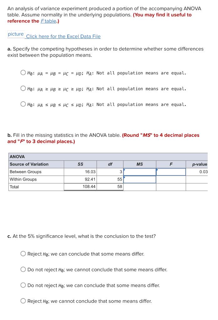 Solved An analysis of variance experiment produced a portion | Chegg.com