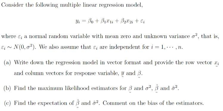 Consider the following multiple linear regression | Chegg.com