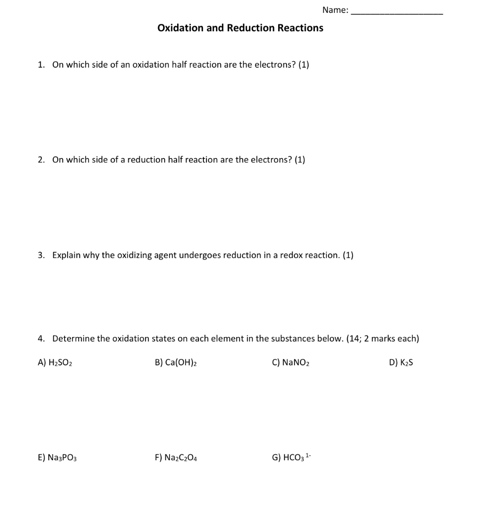 Solved Name: Oxidation and Reduction Reactions 1. On which | Chegg.com