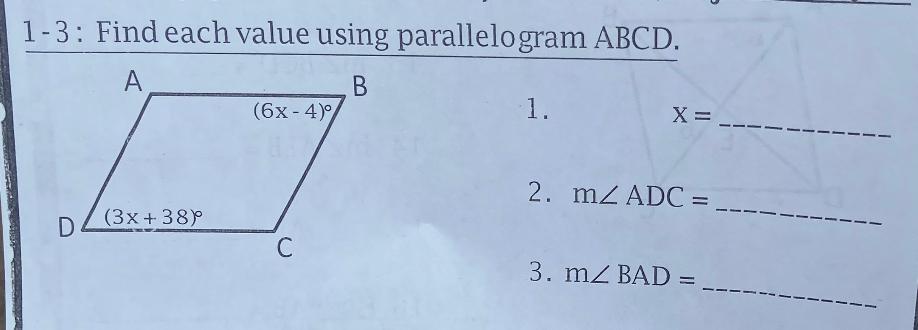 Solved 1 3 Find Each Value Using Parallelogram Abcd 1 X
