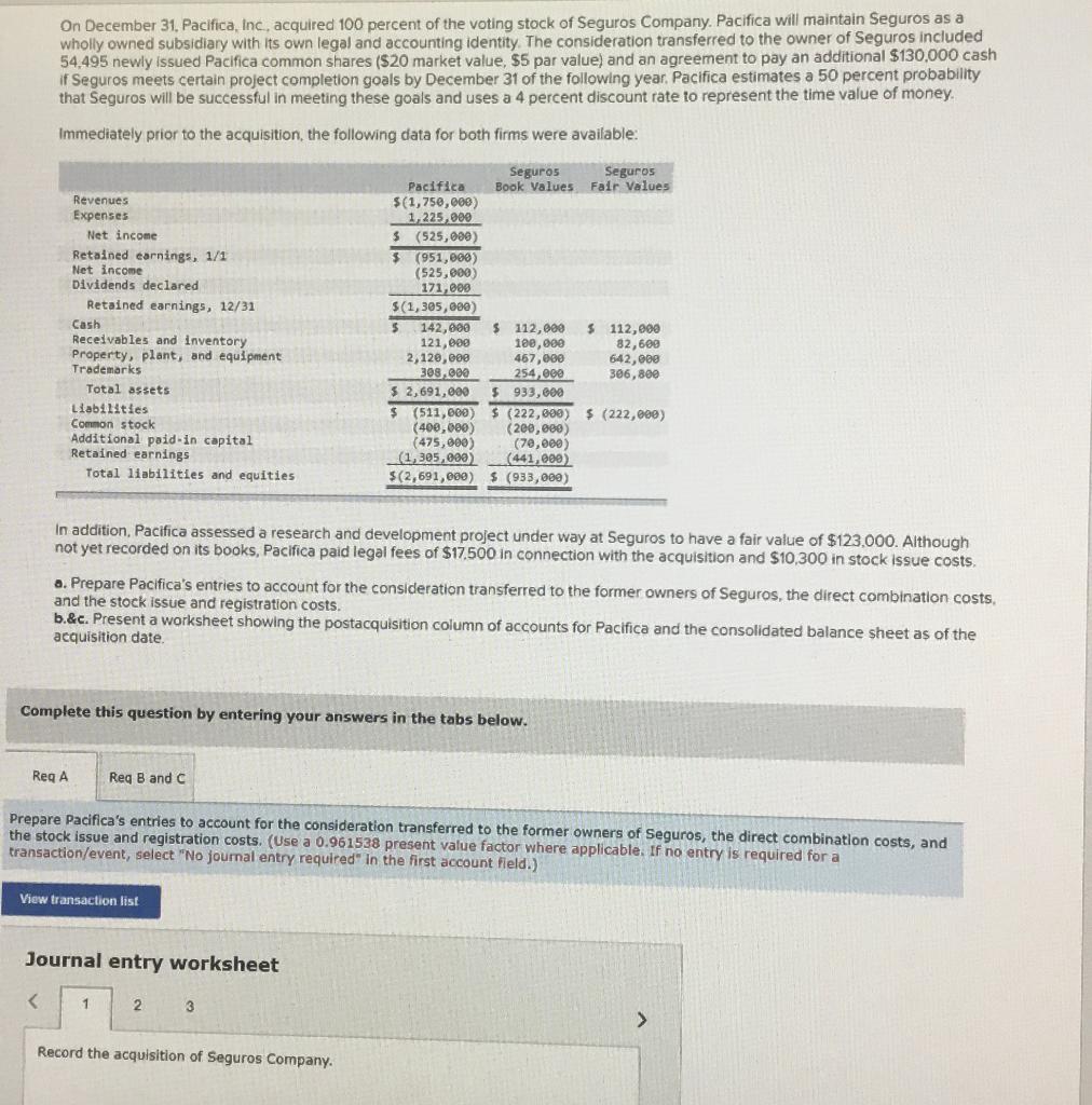 On December 31, Pacifica, Inc., acquired 100 percent | Chegg.com