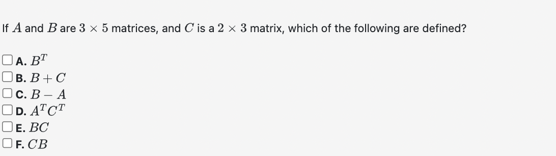 Solved A and B are 3×5 matrices, and C is a 2×3 matrix, | Chegg.com
