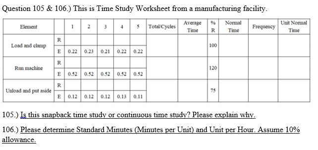 Question 105 & 106.) This is Time Study Worksheet | Chegg.com