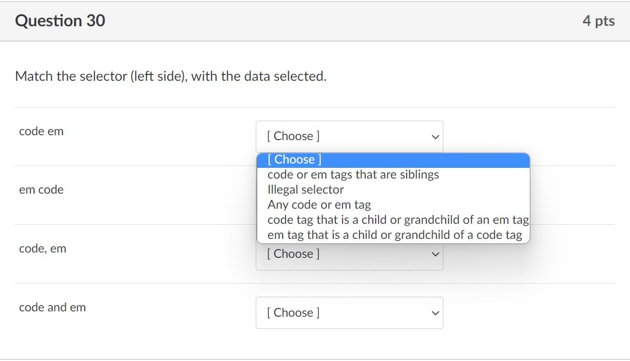Solved Match the selector (left side), with the data | Chegg.com