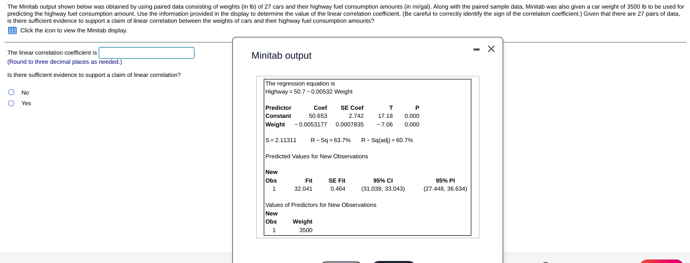 Solved The Minitab output shown below was obtained by using | Chegg.com