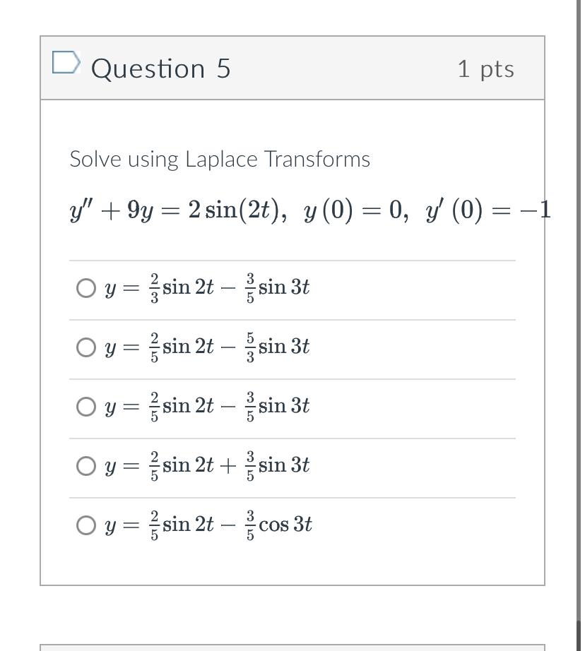 Solved Question 5 1 pts Solve using Laplace Transforms | Chegg.com