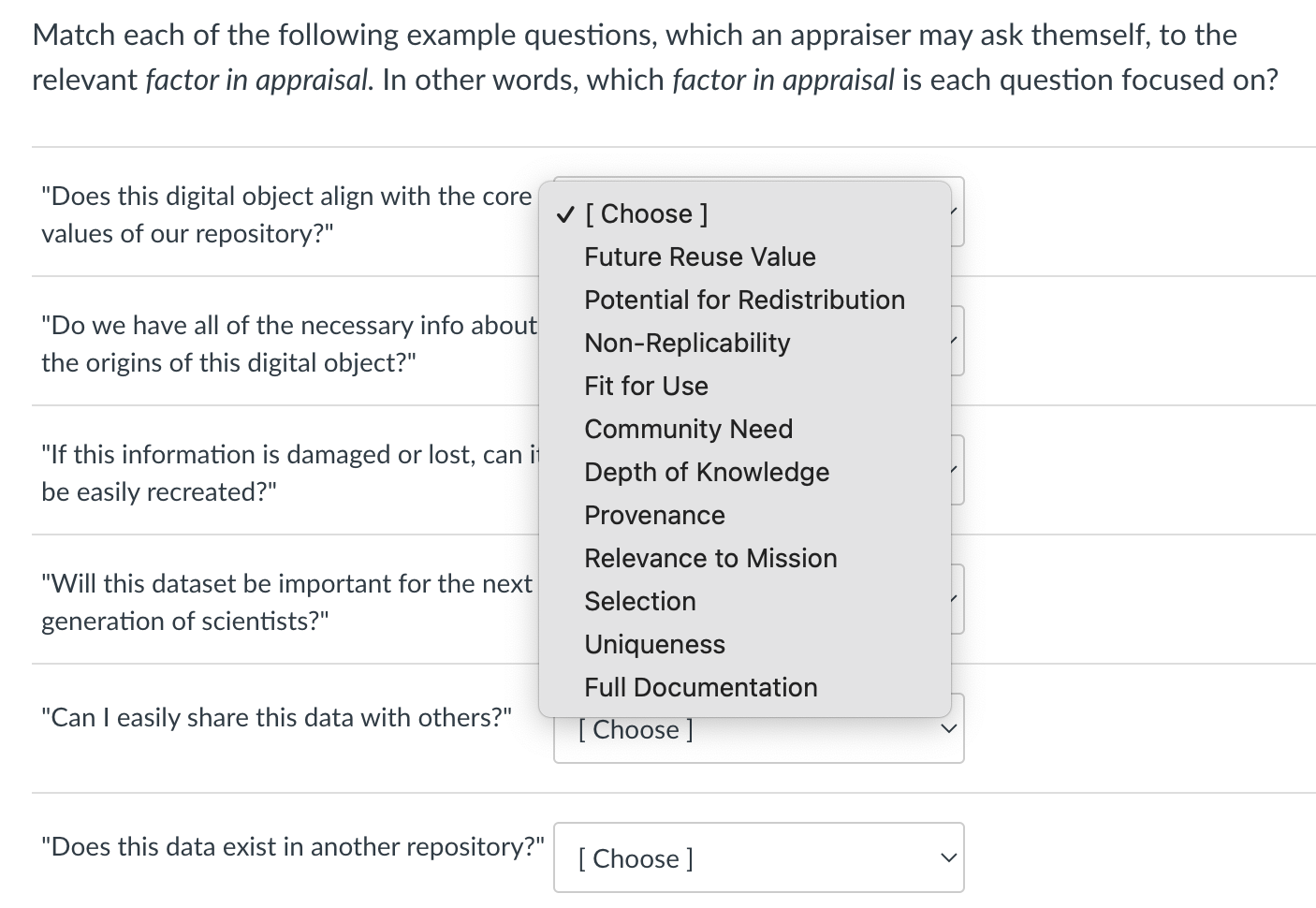 Solved Match each of the following example questions, which | Chegg.com