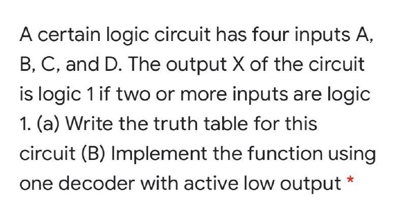 Solved A certain logic circuit has four inputs A, B, C, and | Chegg.com