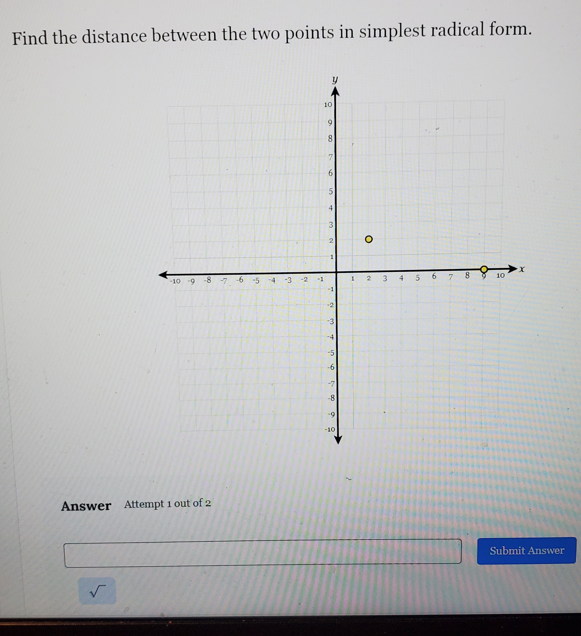 Solved Find the distance between the two points in simplest | Chegg.com