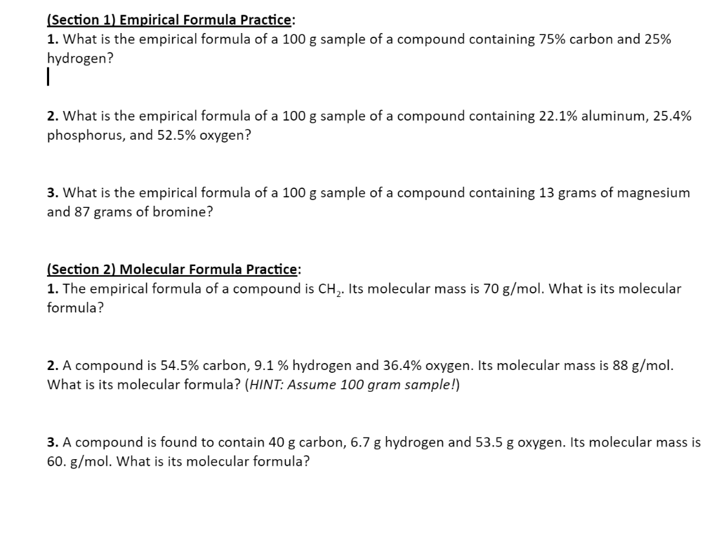 Solved (Section 1) Empirical Formula Practice: 1. What is | Chegg.com